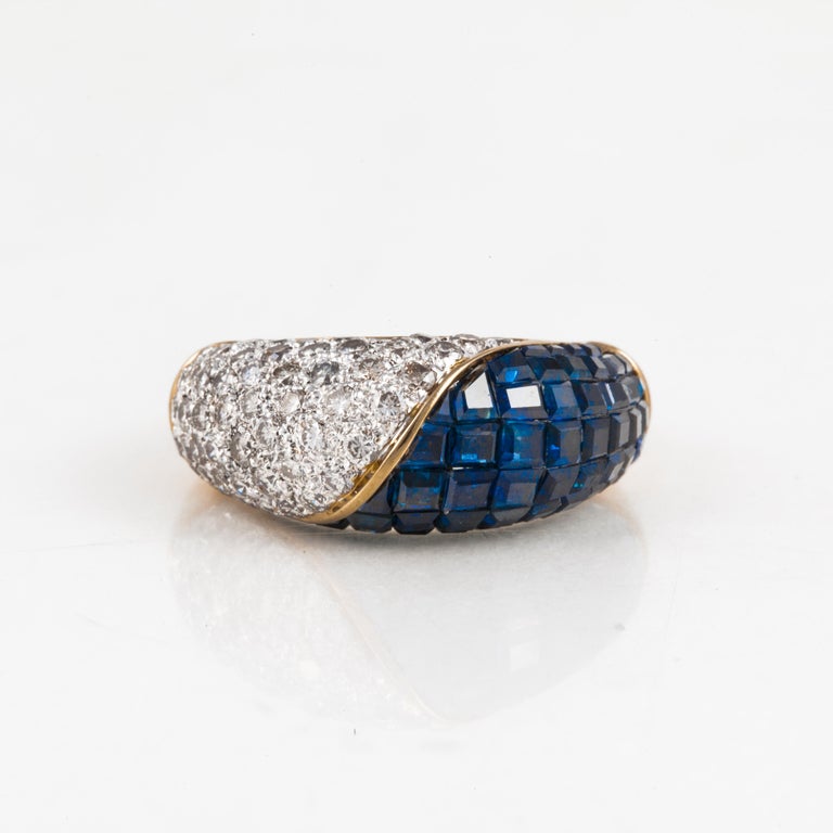 18K Gold Invisible-Set Sapphire and Pavé Diamond Ring For Sale at 1stDibs
