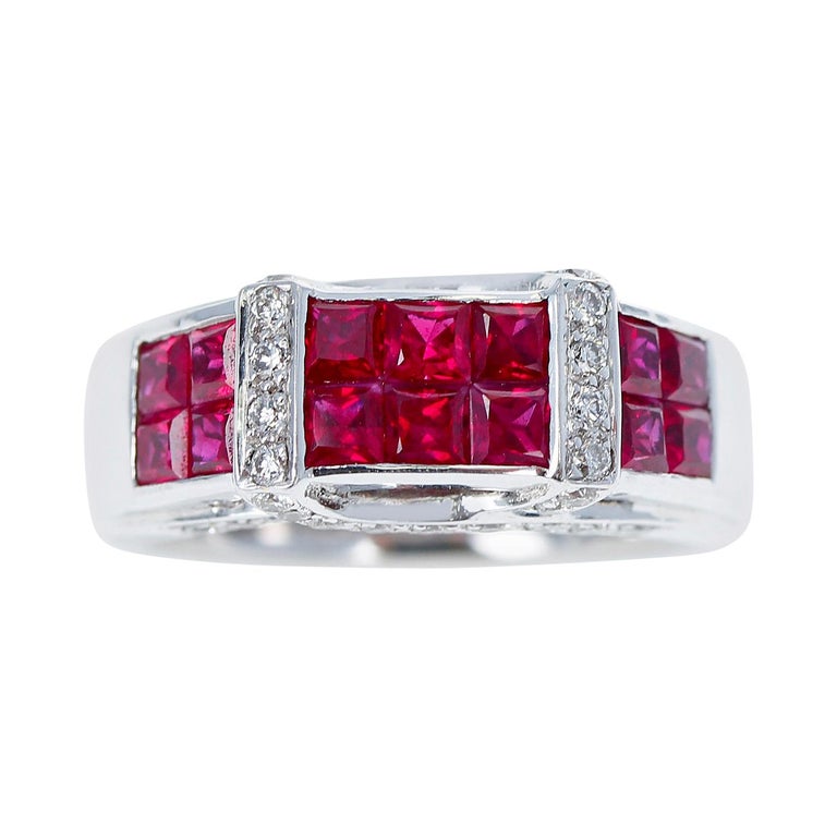 Invisible Set Square Ruby Ring with Diamonds, 18k White Gold For Sale ...