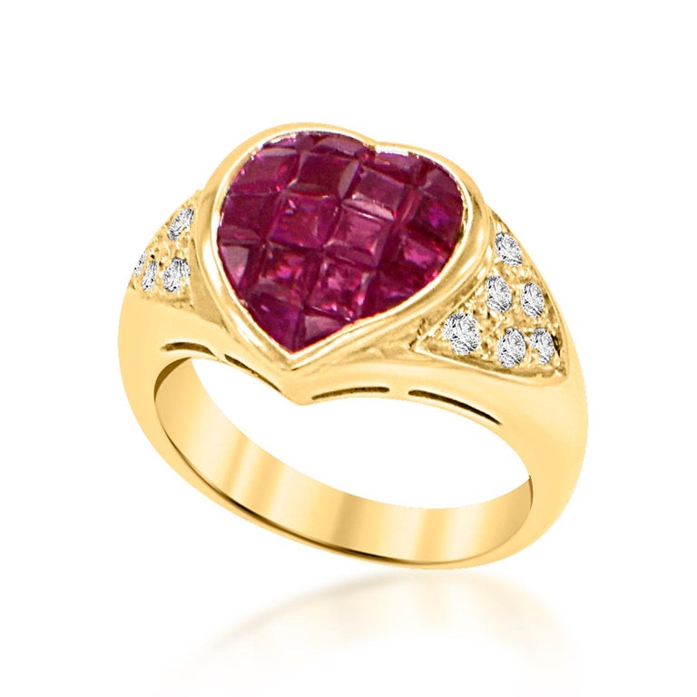 Invisible Setting Ruby Heart Ring and Diamonds 18 Karat Yellow Gold For ...