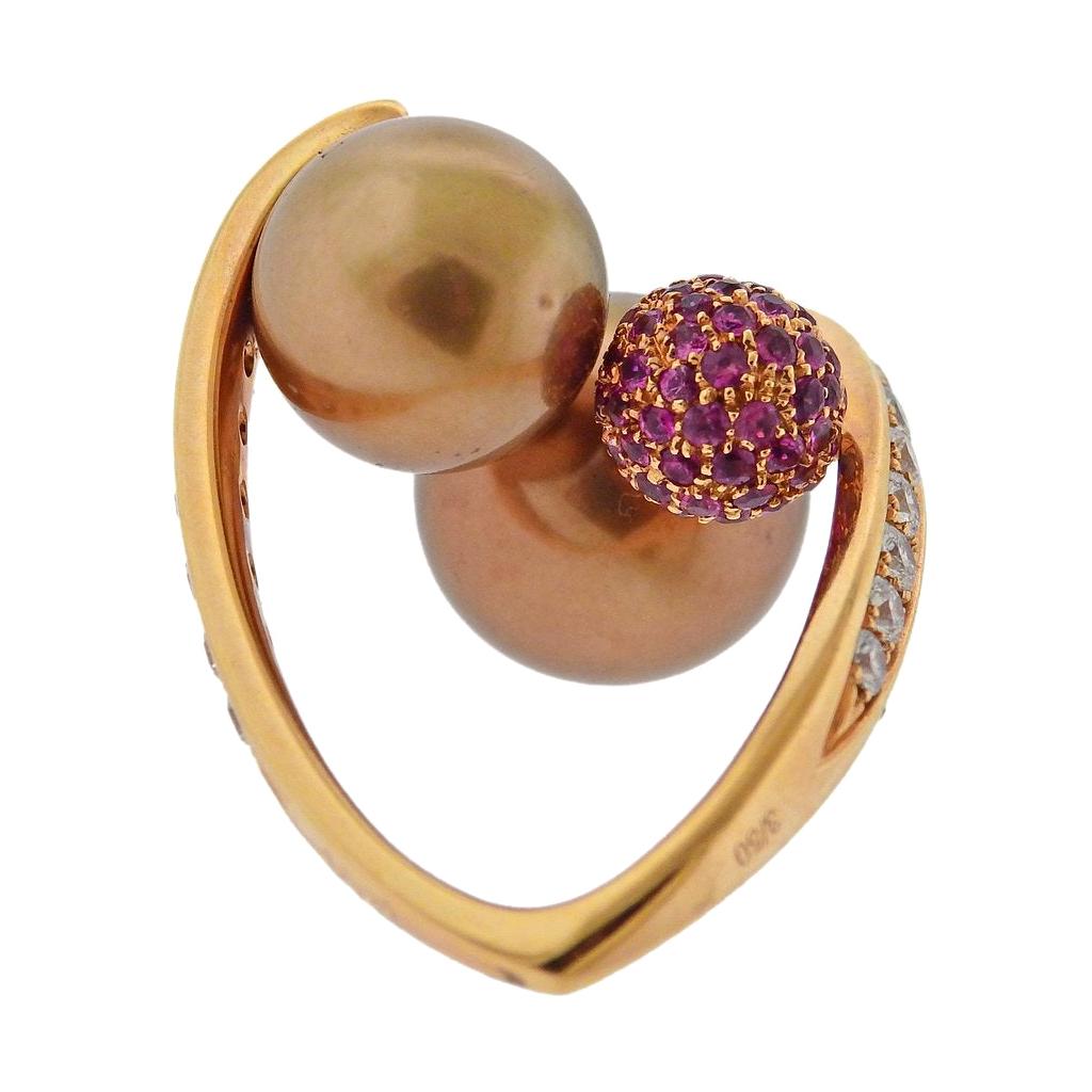 Modern Tsavorite Pearl Ruby Sapphire Diamond Blackened Gold Frog Ring ...