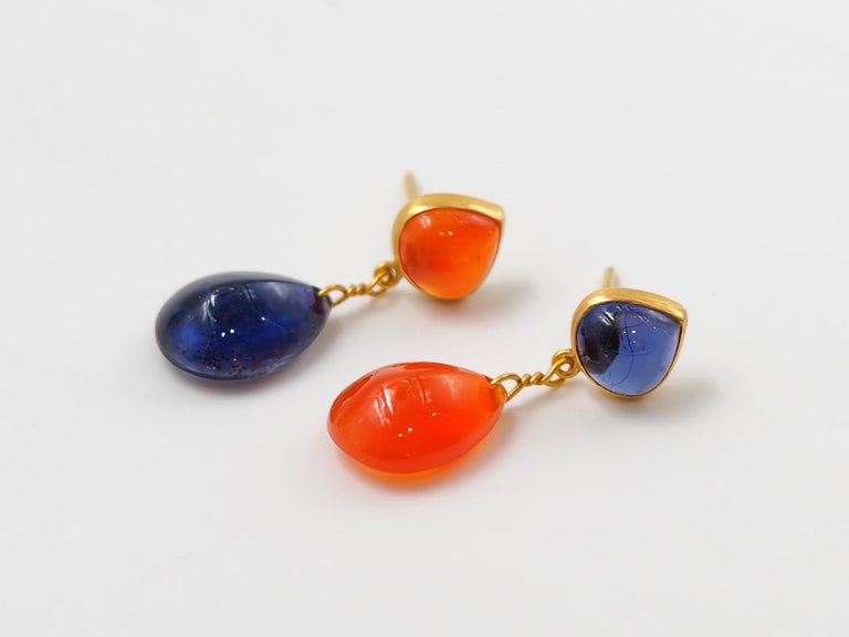 Iolite Cornaline Orange Chalcedony 22 Karat Gold Push Earrings For Sale ...