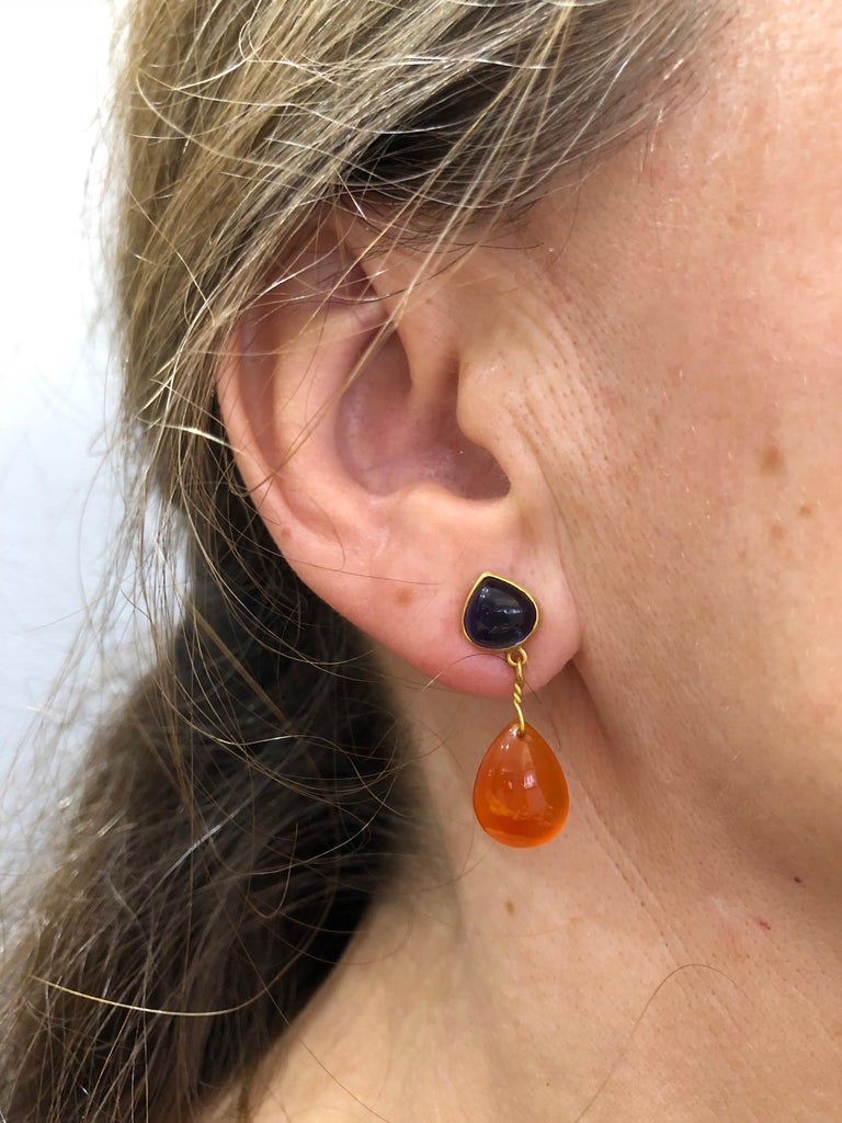 Iolite Cornaline Orange Chalcedony 22 Karat Gold Push Earrings For Sale ...