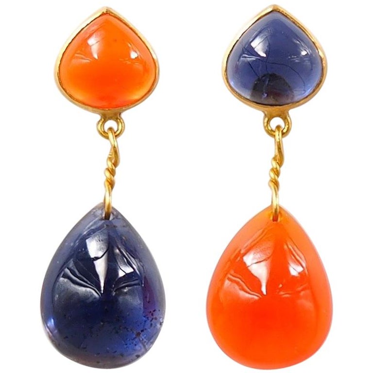 Iolite Cornaline Orange Chalcedony 22 Karat Gold Push Earrings For Sale ...