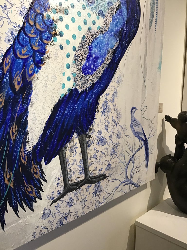 Irene Hoff - "Unity" Mixed media painting of Bright Blue peacock with ...