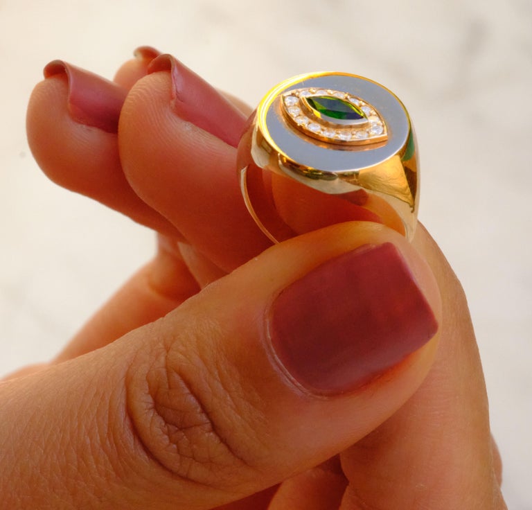 18 Karat Yellow Gold, Green Tourmaline Marquise Cut and Diamond, Eye ...