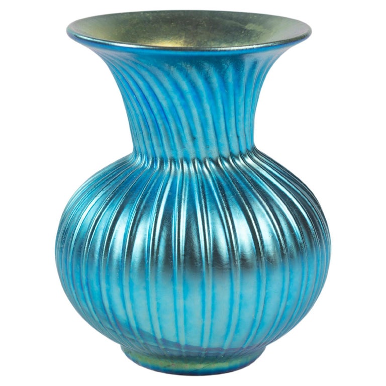 Iridescent Blue Aurene Art Glass Vase, Lundberg Studios, California ...