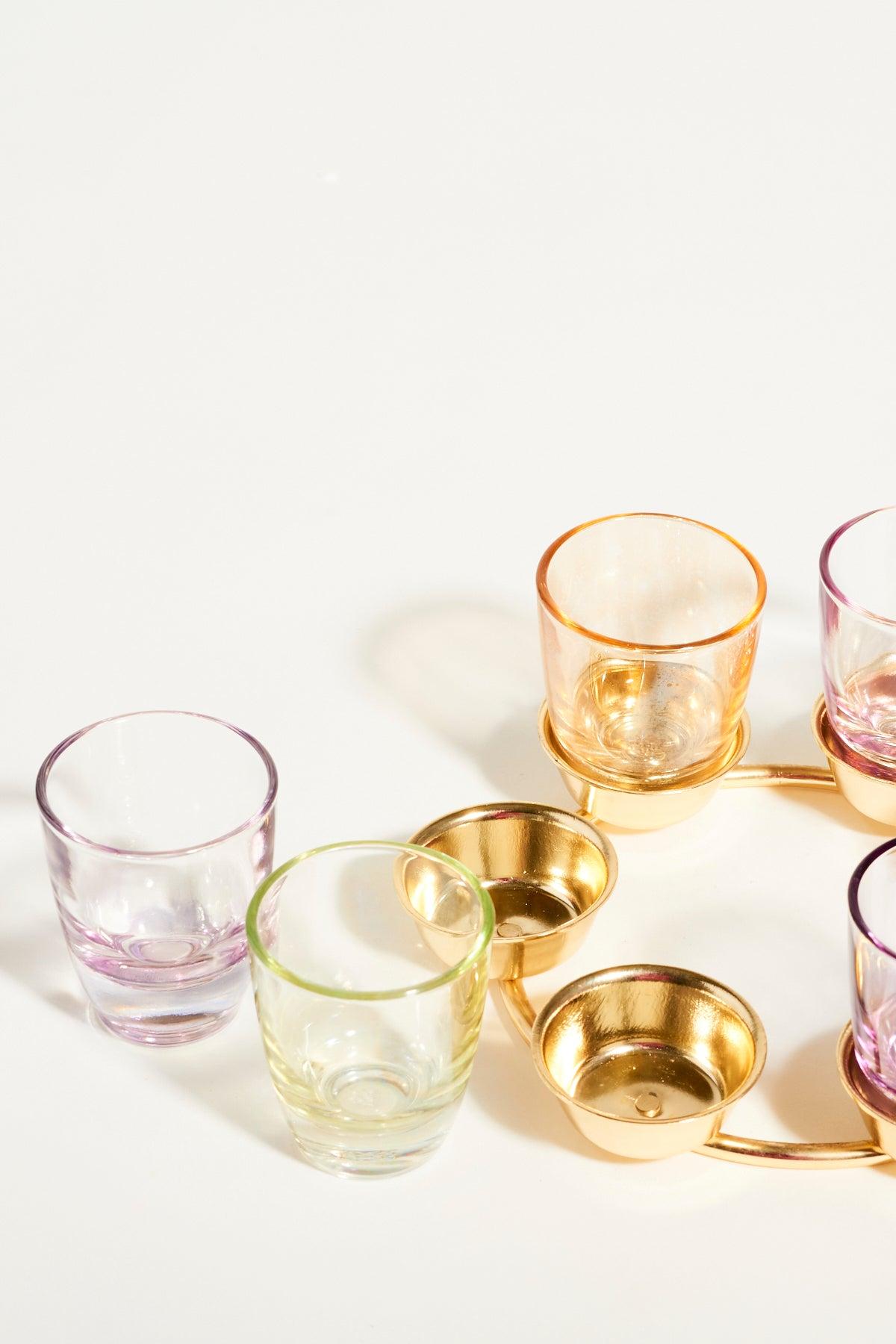 Iridescent Rainbow Glasses and Bamboo and Gold Tone Serving Set at 1stDibs