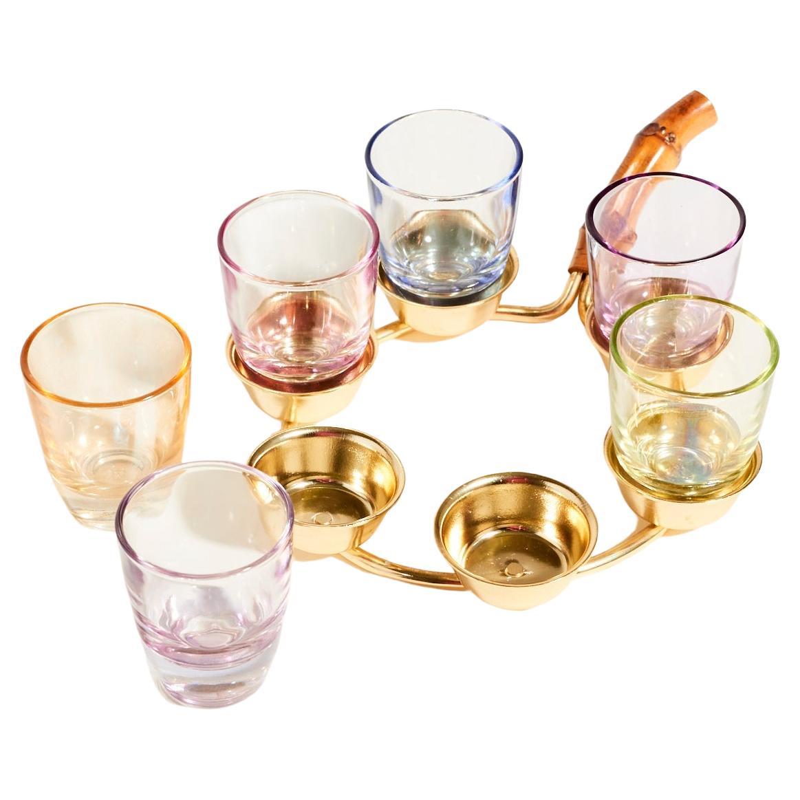 Iridescent Rainbow Glasses and Bamboo and Gold Tone Serving Set at 1stDibs