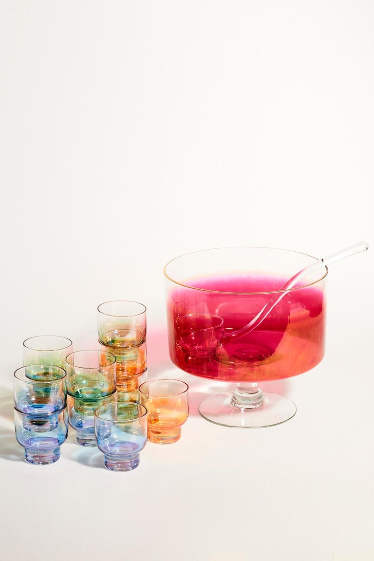 Iridescent Rainbow Punch Bowl Set of Twelve Pieces Plus Ladle at 1stDibs