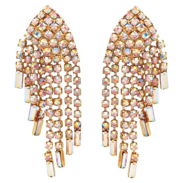 Iridescent Rhinestone Waterfall Fringe Earrings, 1960s For Sale at 1stDibs