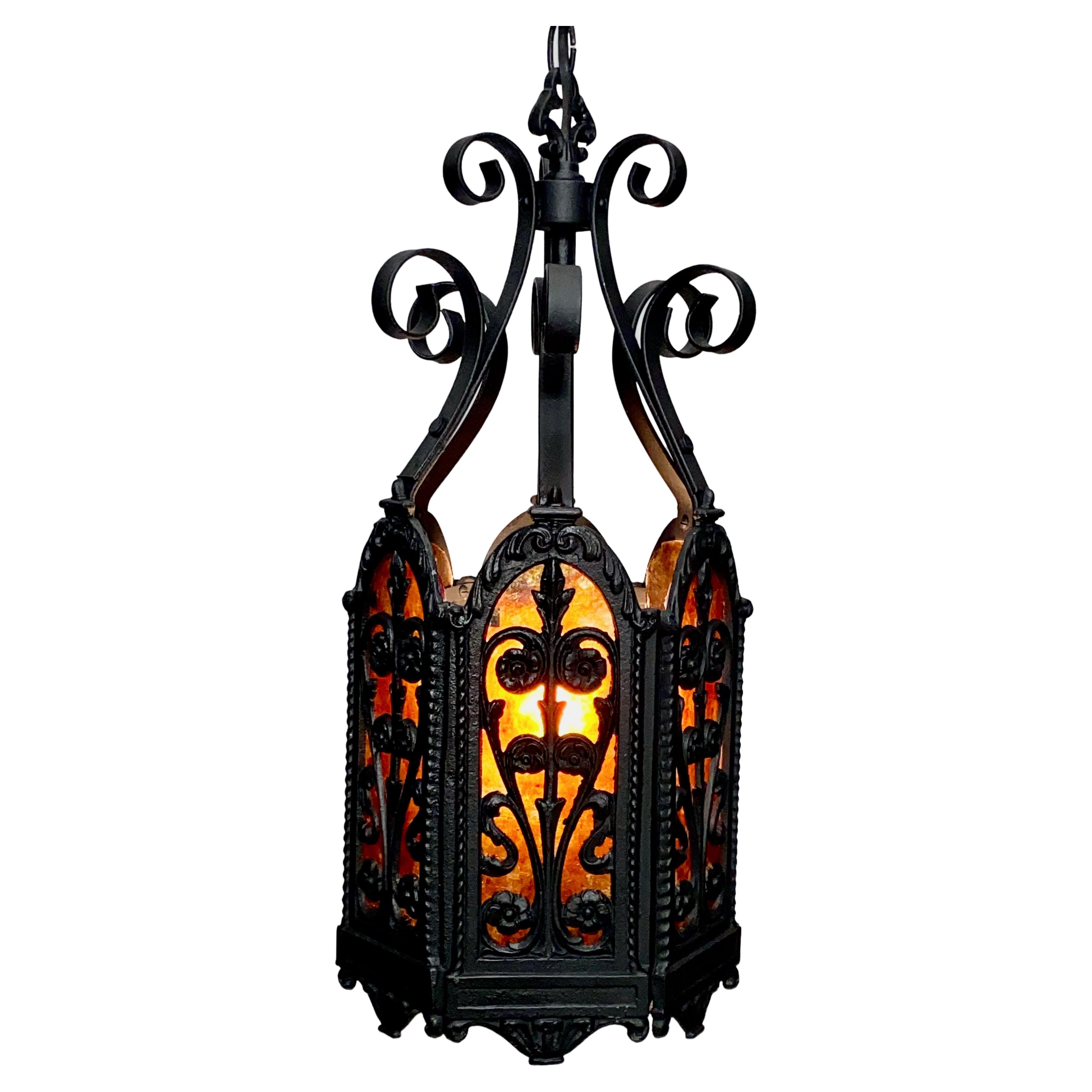French Wrought Iron Lantern with Amber Glass For Sale at 1stDibs