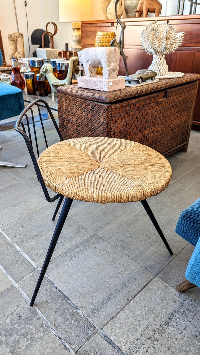 Iron and Straw Stool, France 1960s For Sale at 1stDibs