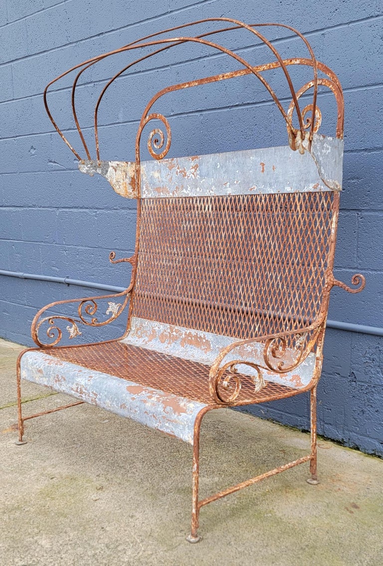 Iron Garden Bench with Folding Canopy / Umbrella For Sale at 1stDibs