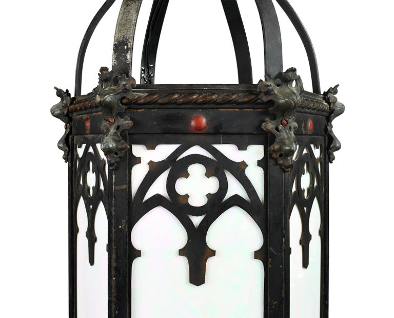 Iron Gothic Lantern Pendant with Iridescent Glass at 1stDibs