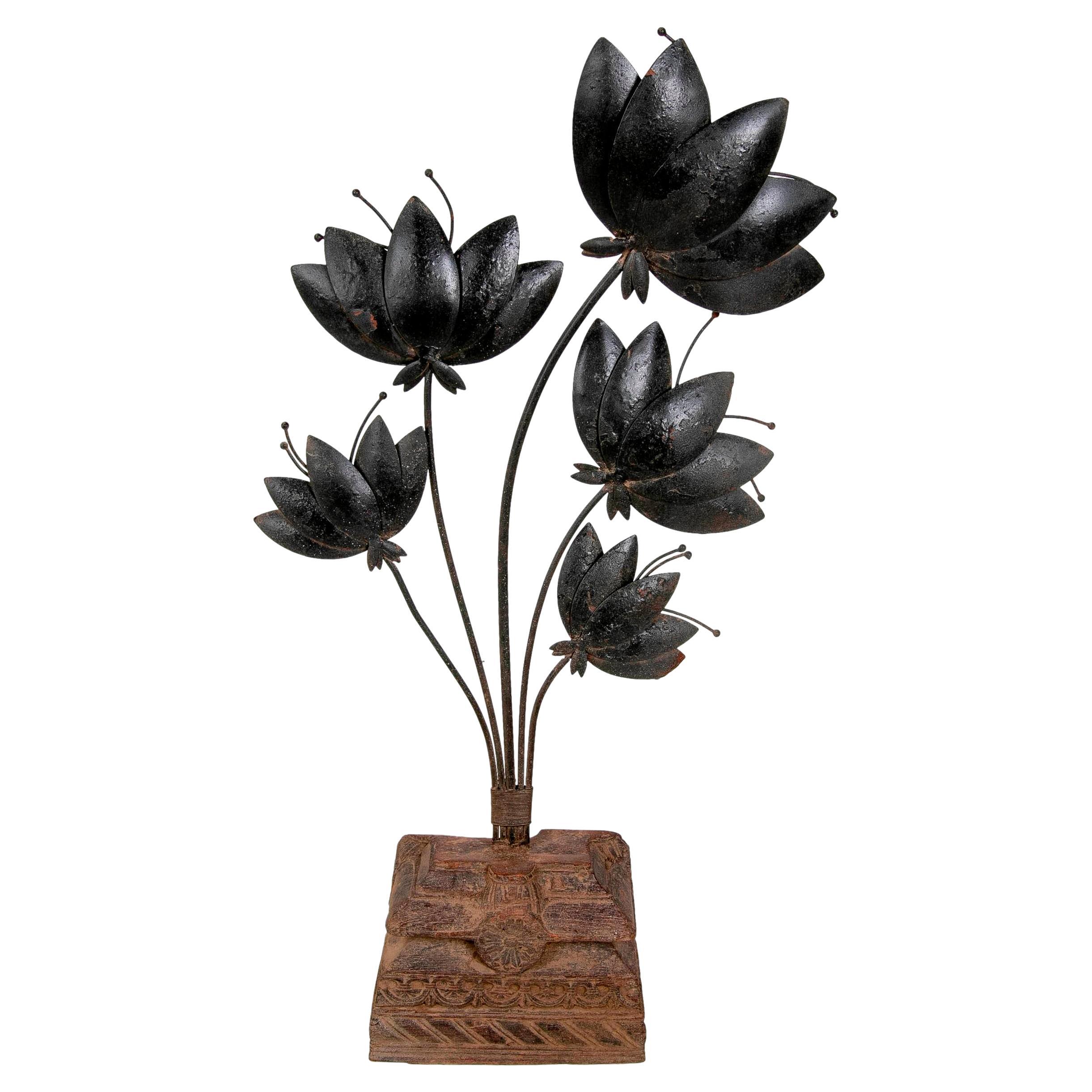 Iron Sculpture of Lotus Flower Leaves on Wooden Base in Black Colour ...