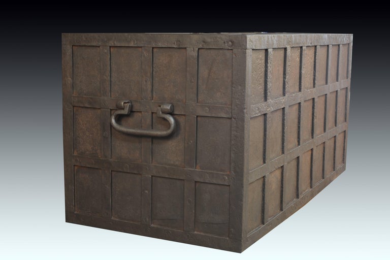 Iron Strong Box, 19th Century with Manufacturer Mark on Lid at 1stDibs