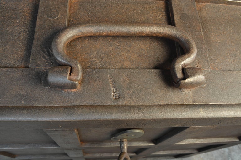 Iron Strong Box, 19th Century with Manufacturer Mark on Lid at 1stDibs