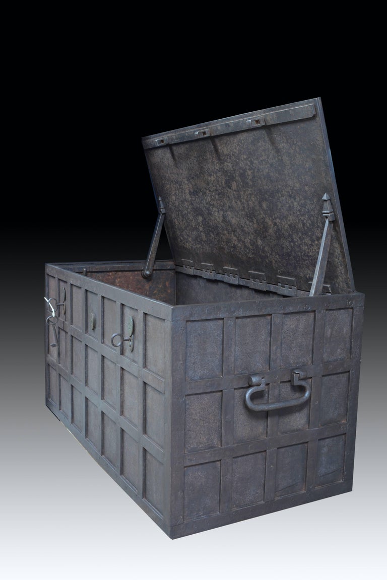 Iron Strong Box, 19th Century with Manufacturer Mark on Lid at 1stDibs