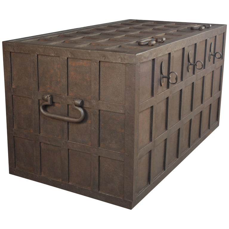 Iron Strong Box, 19th Century with Manufacturer Mark on Lid at 1stDibs