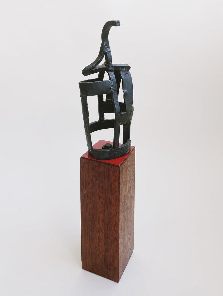 Iron Torso Sculpture on Red Lacquered Wooden Base For Sale at 1stDibs