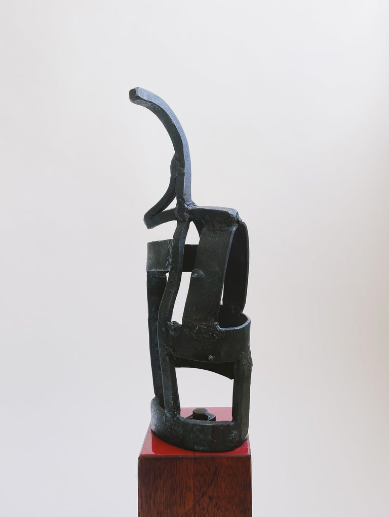 Iron Torso Sculpture on Red Lacquered Wooden Base For Sale at 1stDibs