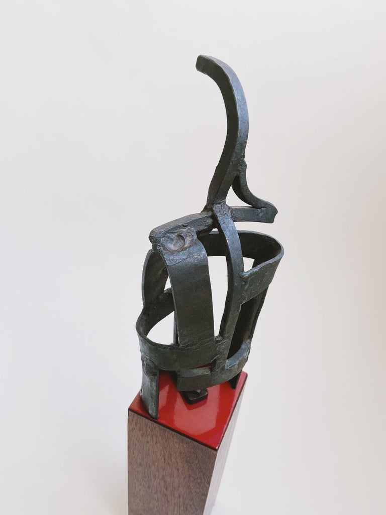 Iron Torso Sculpture on Red Lacquered Wooden Base For Sale at 1stDibs