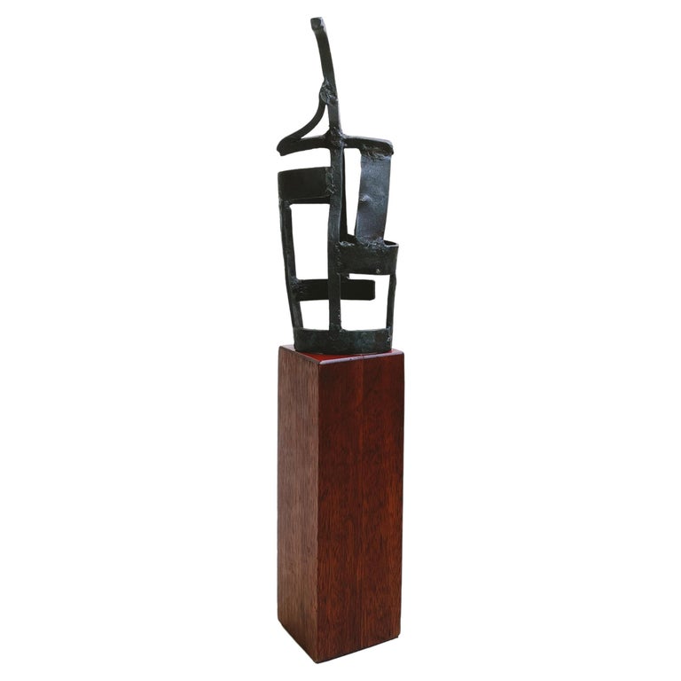 Iron Torso Sculpture on Red Lacquered Wooden Base For Sale at 1stDibs