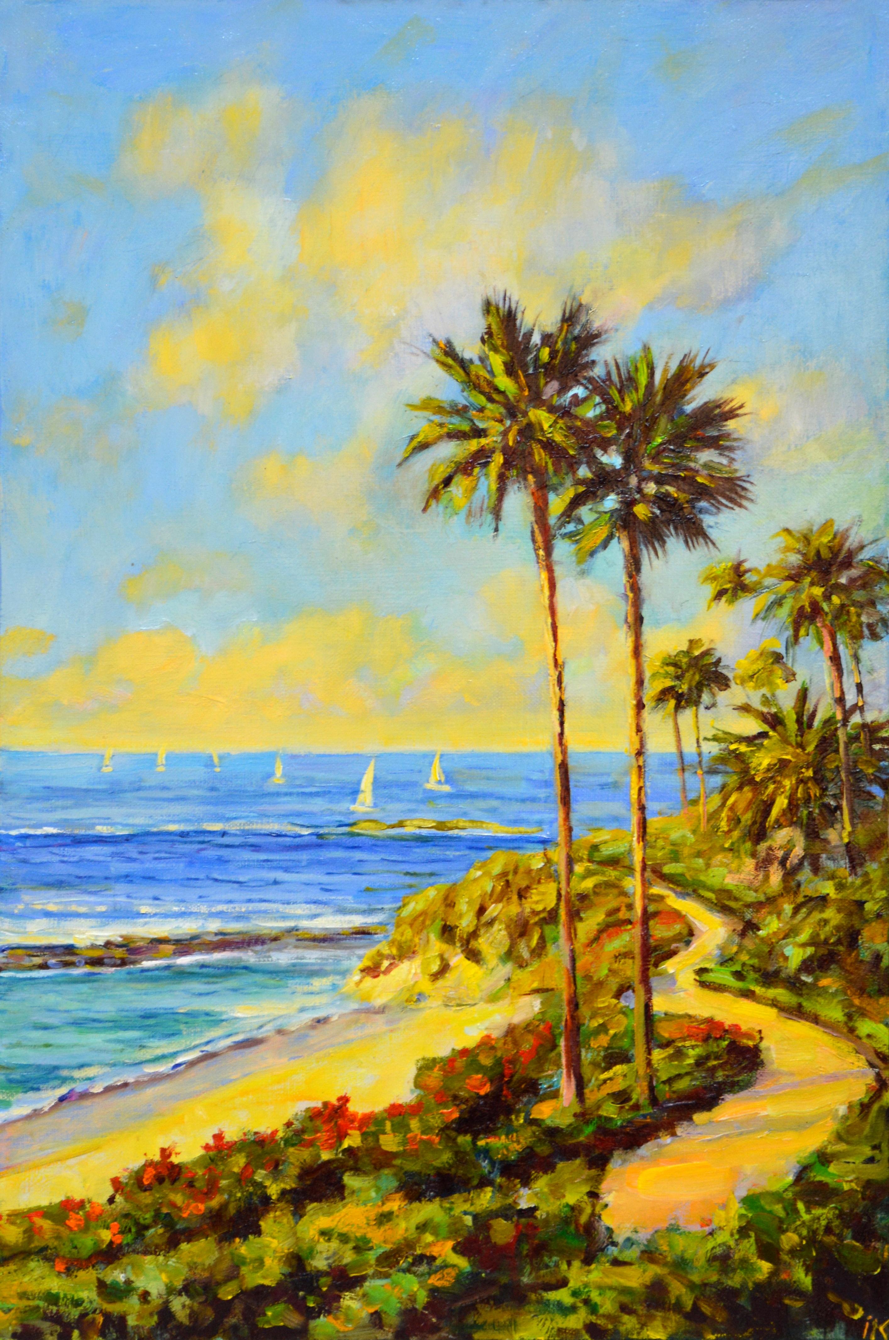 Iryna Kastsova - Sunny Beach, Oil painting with Palms and Seacoast, Elegant Home Decoration For ...