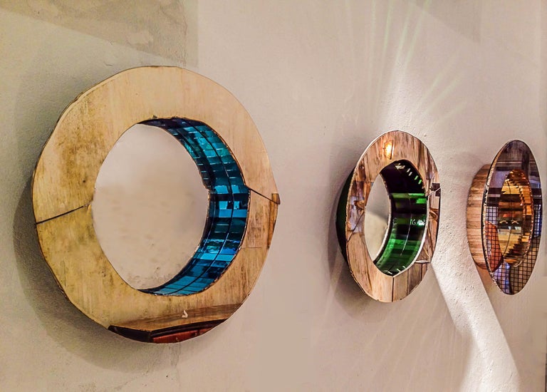 "Iris" contemporary mirror, silvered glass slabs, Birch Wood For Sale ...