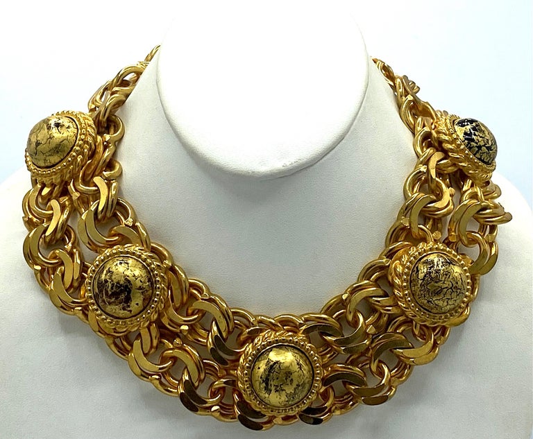Isabel Canovas Gold Chain with Art Glass Cabochon 1980s Collar Necklace ...
