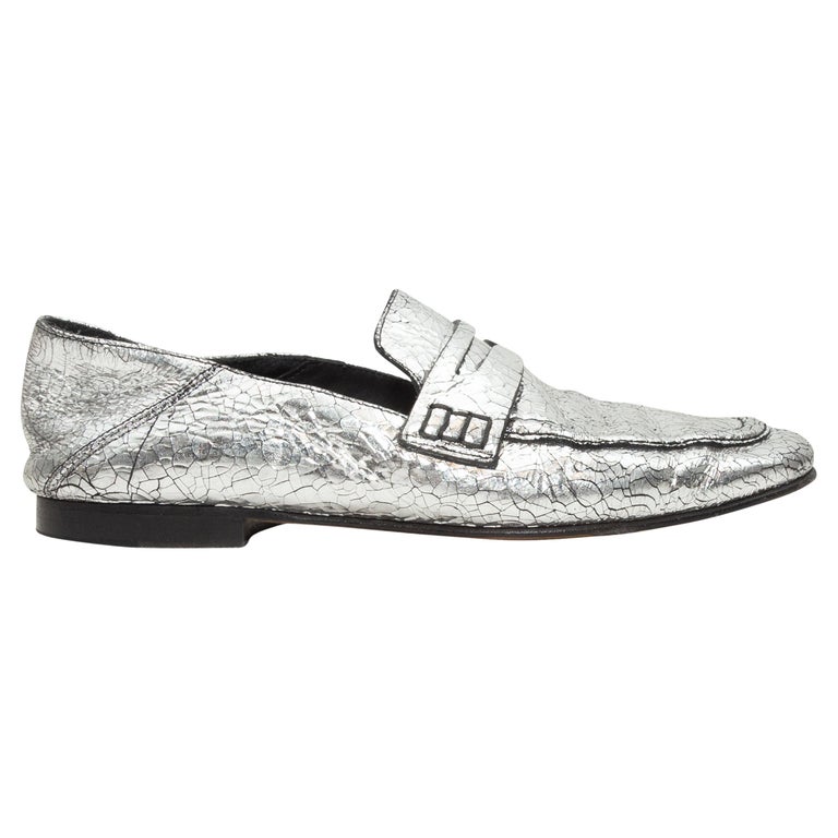 Isabel Marant Silver Metallic Crackle Leather Loafers For Sale at 1stDibs