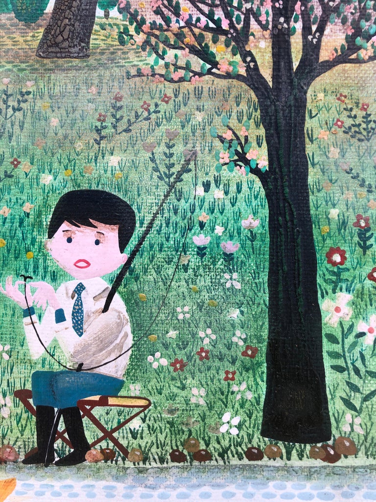 Isabelle Baillen - naïve fishing day oil on canvas painting For Sale at ...