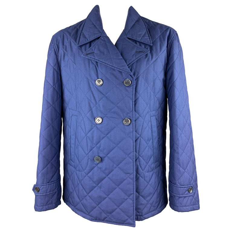 ISAIA Size 48 Royal Blue Quilted Cotton / Wool Double Breasted Peacoat ...