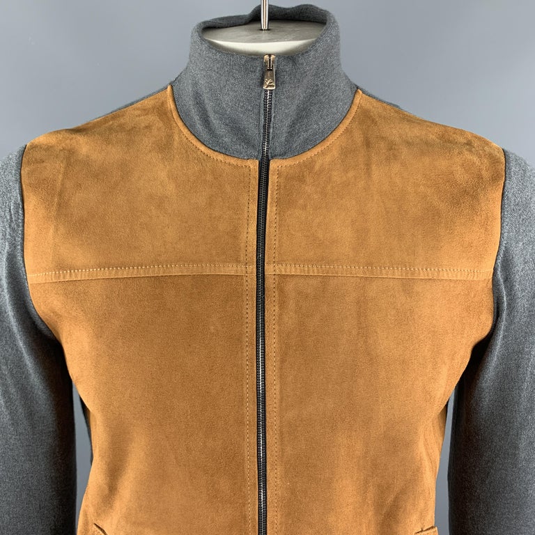 ISAIA Size L Grey and Tan Mixed Materials Cashmere Zip Up Jacket at 1stDibs