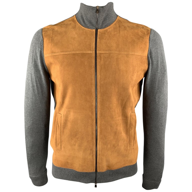 ISAIA Size L Grey and Tan Mixed Materials Cashmere Zip Up Jacket at 1stDibs