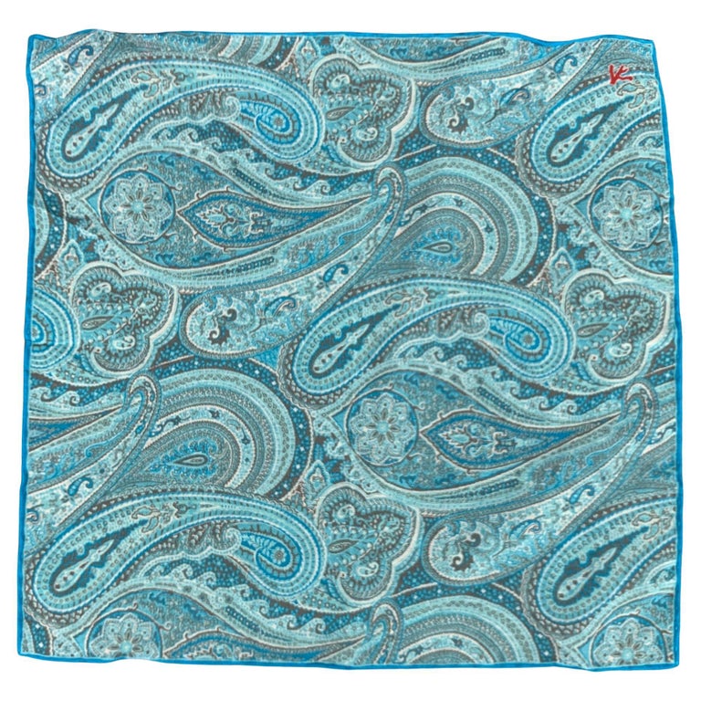ISAIA Turquoise Taupe Paisley Cotton Silk Pocket Square For Sale at 1stDibs