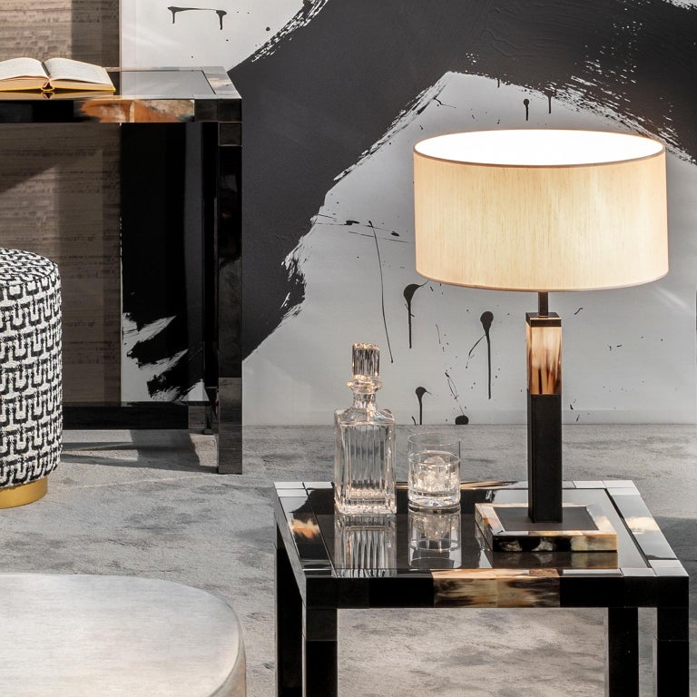 Alma Table Lamp in Black Leather with Inlays in Corno Italiano, Mod ...