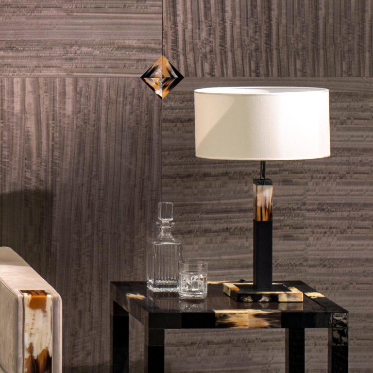 Alma Table Lamp in Black Leather with Inlays in Corno Italiano, Mod ...