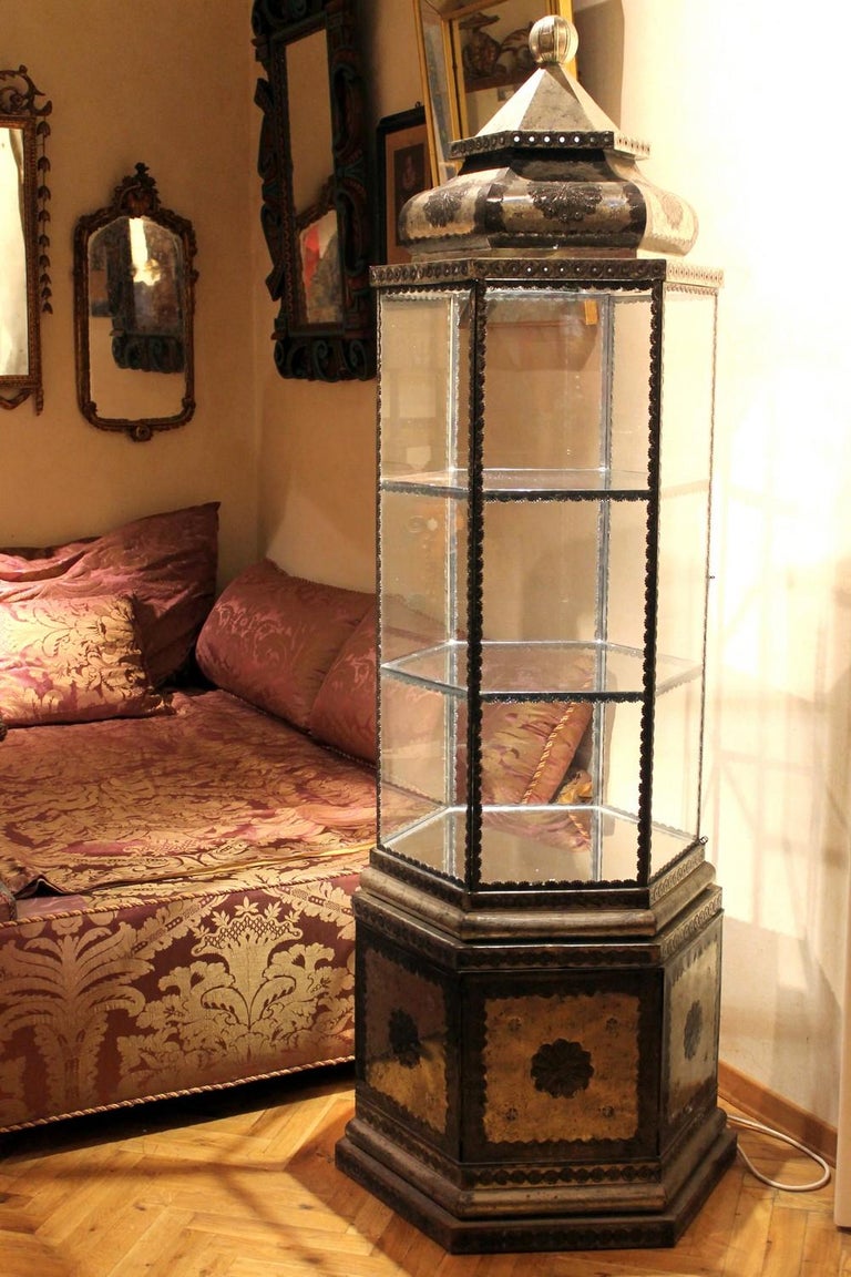 Islamic Style Silvered Metal and Glass Illuminated Display Cabinet with ...