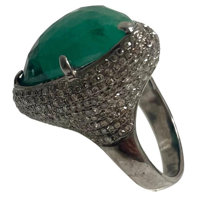 Isosceles Triangle Faceted Emerald with Pave Diamond Ring For Sale at ...