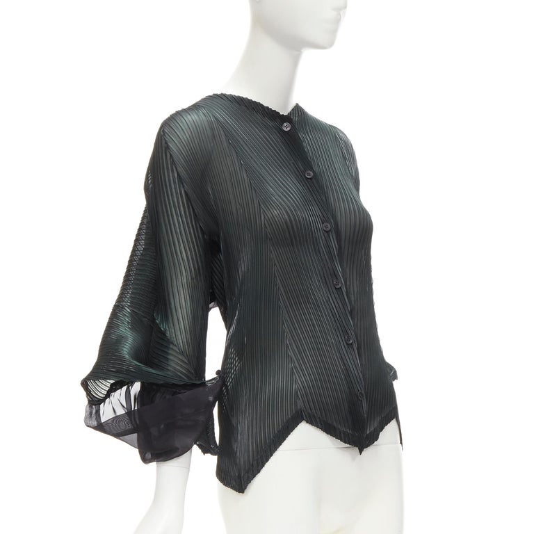 ISSEY MIYAKE green plisse pleat black cloud ruffle shawl top JP3 L For ...