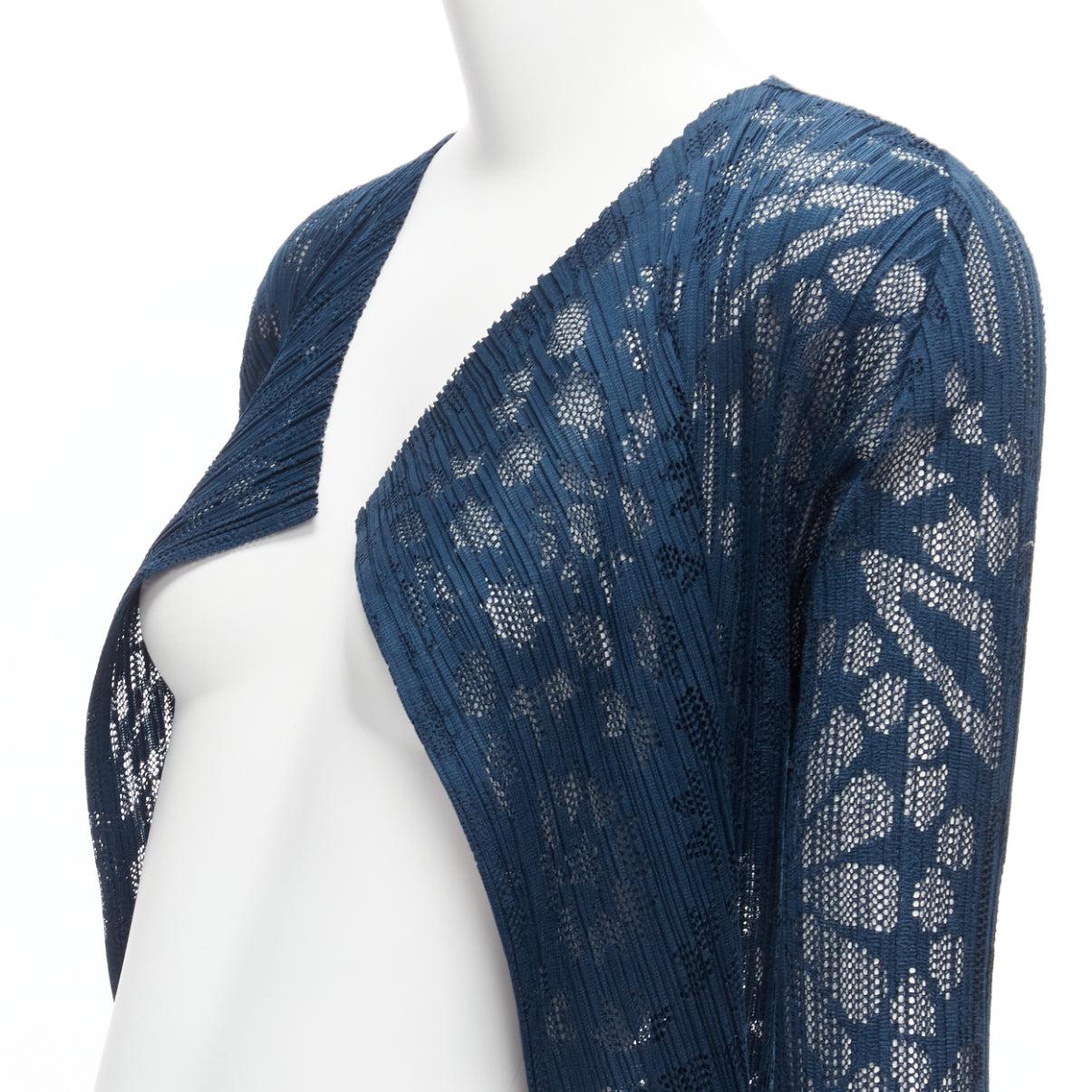 ISSEY MIYAKE Pleats Please blue green perforated floral sheer long ...