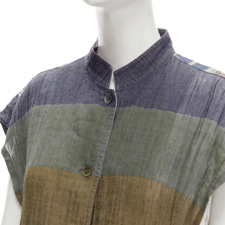 ISSEY MIYAKE Vintage 1970's 100% linen blue green check patchwork vest ...