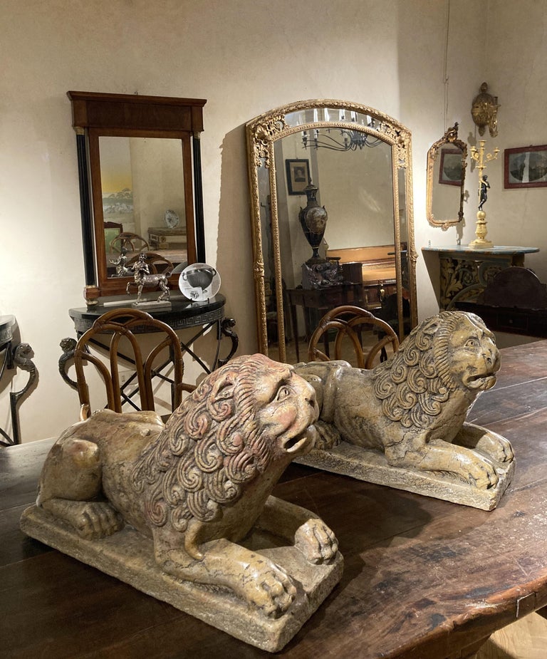 Italian 13th Century Romanesque Yellow Verona Marble Recumbent Lions ...
