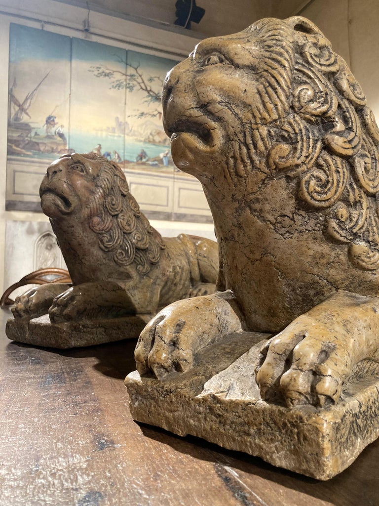 Italian 13th Century Romanesque Yellow Verona Marble Recumbent Lions ...