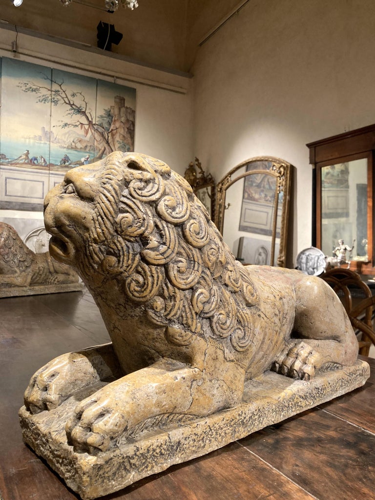 Italian 13th Century Romanesque Yellow Verona Marble Recumbent Lions ...