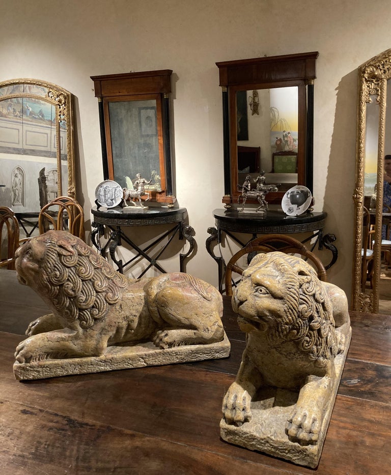Italian 13th Century Romanesque Yellow Verona Marble Recumbent Lions ...