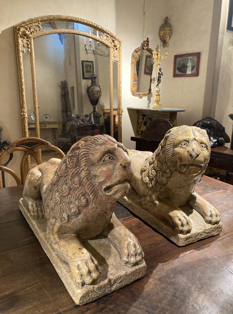 Italian 13th Century Romanesque Yellow Verona Marble Recumbent Lions ...
