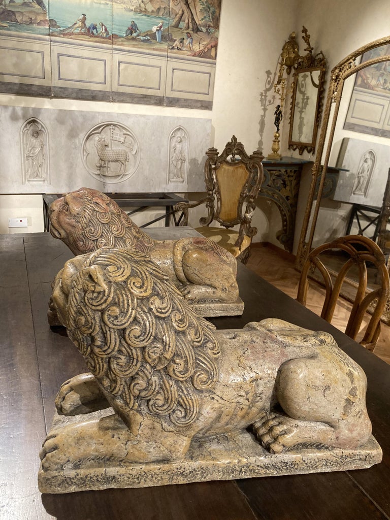 Italian 13th Century Romanesque Yellow Verona Marble Recumbent Lions ...