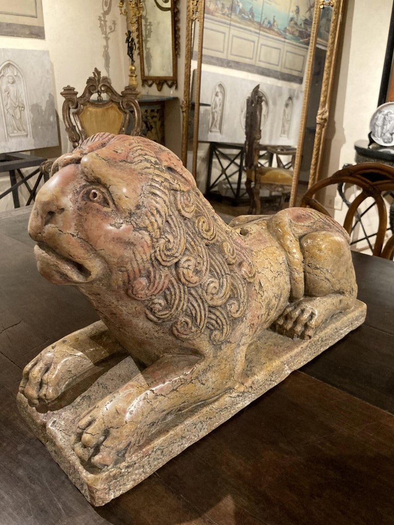 Italian 13th Century Romanesque Yellow Verona Marble Recumbent Lions ...